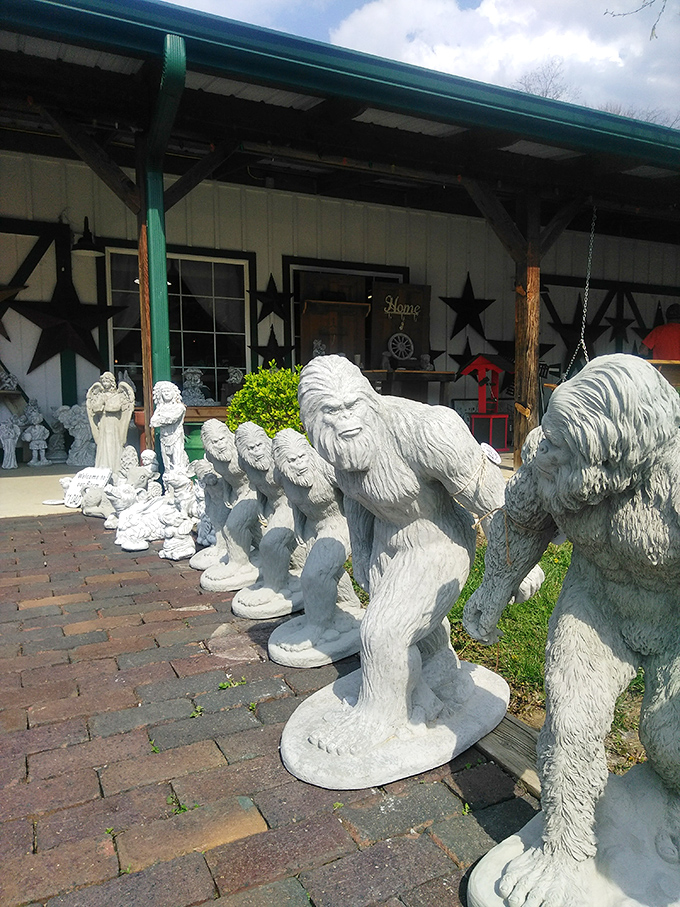 Sasquatch and friends stand guard outside the market. Nothing says "eclectic shopping experience" quite like a concrete cryptid welcome committee.