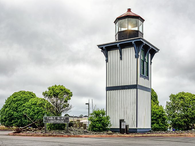 The Table Bluff Lighthouse stands like a maritime sentinel, its clean white tower a beacon for both ships and architecture enthusiasts.