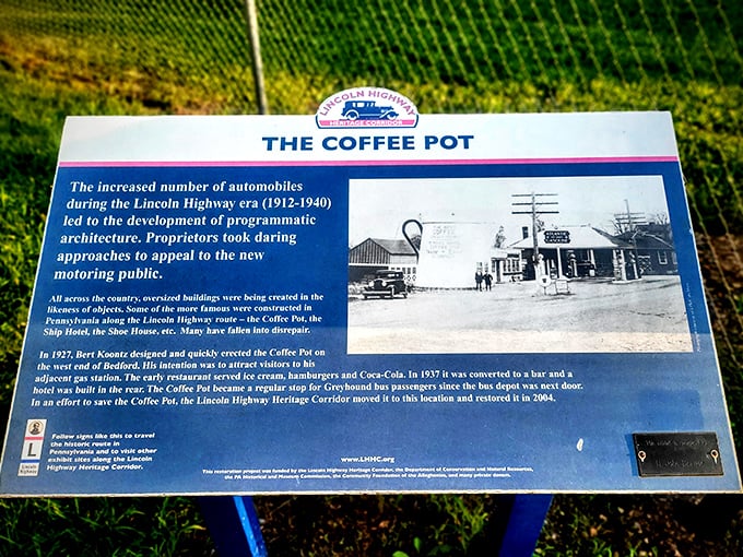 History brewed to perfection—this informational plaque reveals The Coffee Pot's journey from 1920s roadside diner to beloved Lincoln Highway landmark.