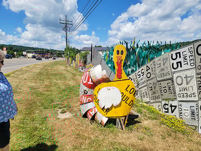 Talk about free-range art! This gobbling good creation gives new meaning to "turkey crossing," assembled from signs that once cautioned drivers about wildlife encounters.