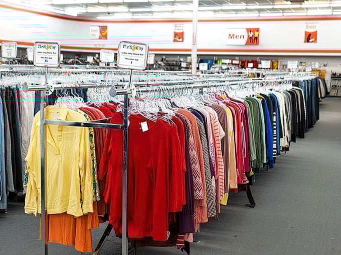 Men's shirts arranged by color create a retail rainbow. Finding that perfect button-down here feels like striking gold—without the prospecting permit.