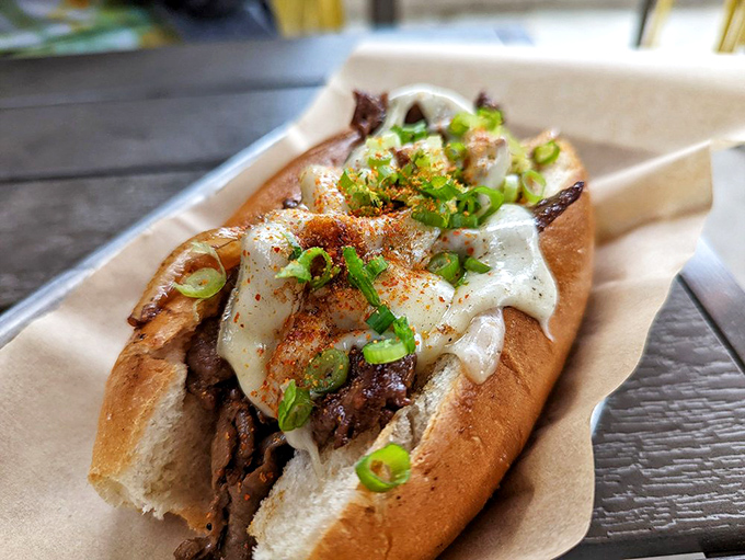 The Yakiniku Sando isn't just a sandwich—it's architecture. Layers of savory beef, creamy sauce, and green onions create a skyscraper of flavor.