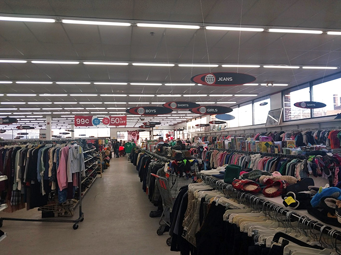 The denim district stretches as far as the eye can see. More jeans than a 1950s high school, organized with surprising precision.