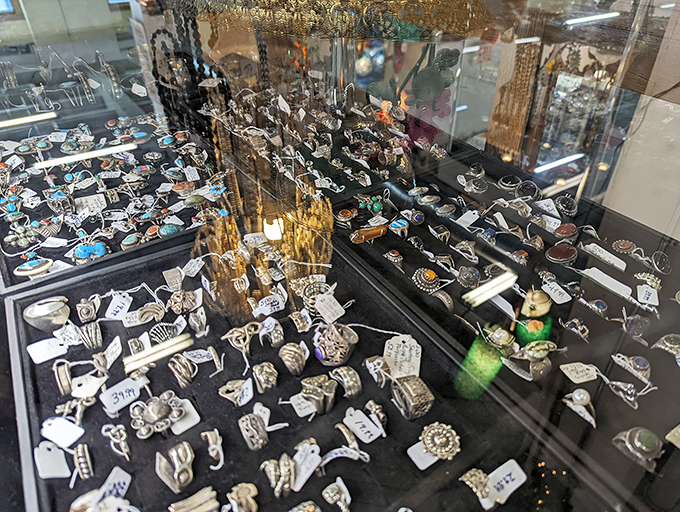 A jewelry case that sparkles with the stories of previous owners. Each ring probably witnessed a first date, a proposal, or decades of marriage.