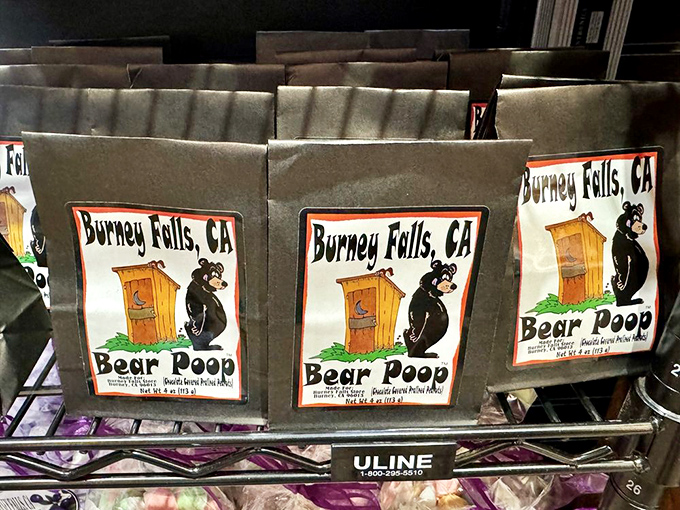 Souvenir shopping at its most... unique. Nothing says "I visited the wilderness" quite like novelty candy named after bear digestive processes.