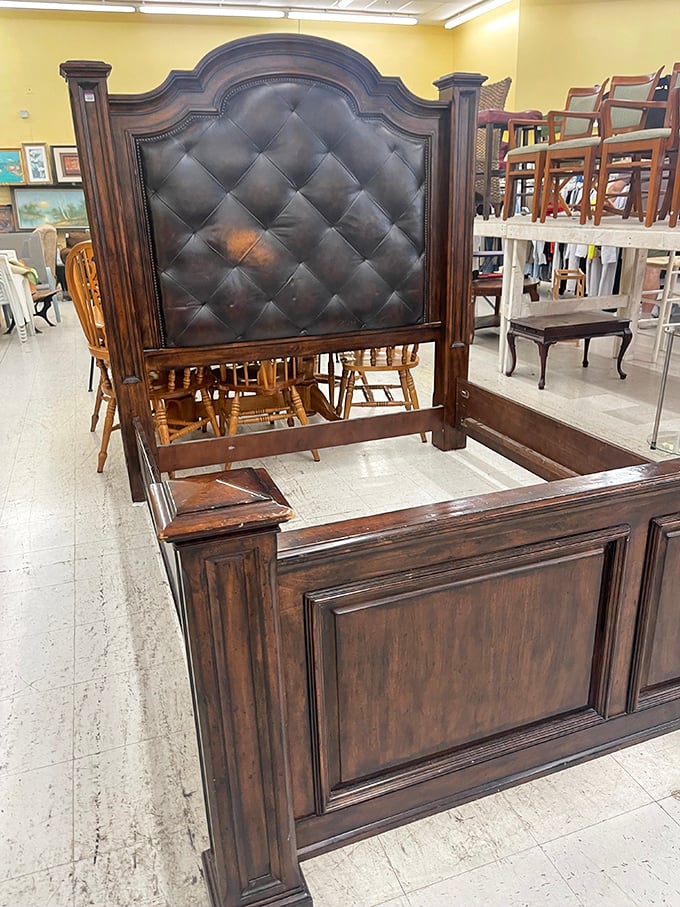 That bed frame costs less than two fancy dinners but will last decades longer. Tufted leather headboard? Don Draper would approve.