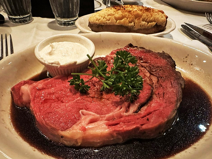 Prime rib so magnificent it deserves its own zip code—swimming in natural juices.