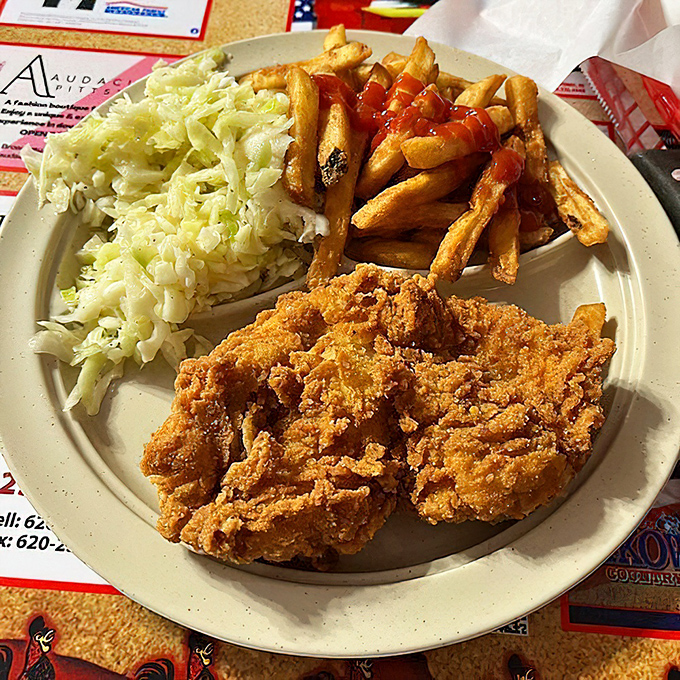 That golden crust on the chicken breast practically sings to you, while the fries and coleslaw stand ready as perfect backup vocalists.