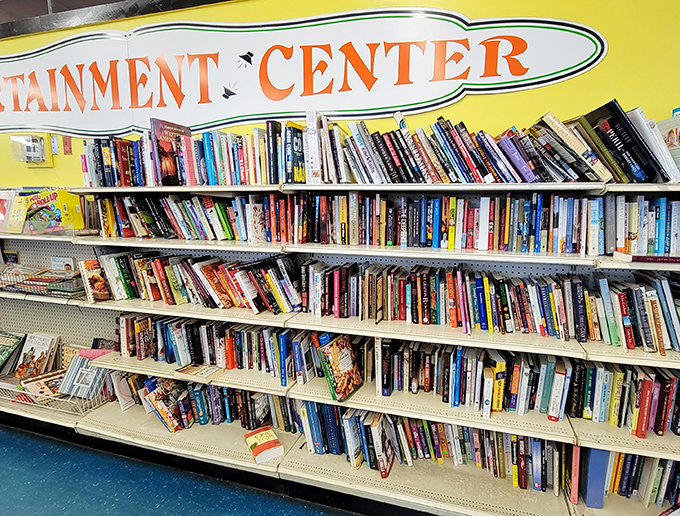 The "Entertainment Center" isn't lying—these shelves are basically Netflix before streaming existed. Literary treasures await the patient browser.
