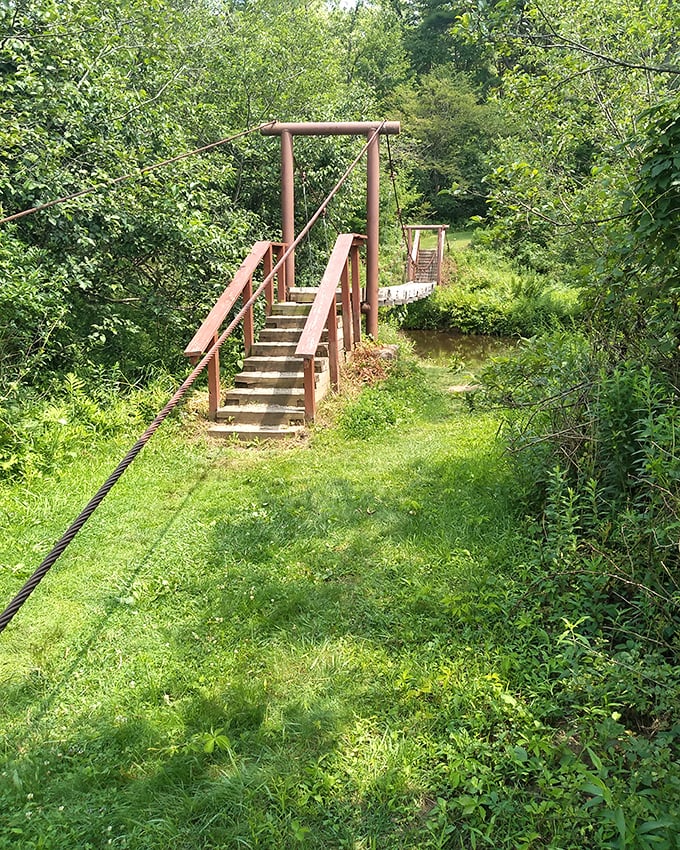 Indiana Jones would approve of this rustic crossing. The suspension bridge offers equal parts thrill and magnificent views of the creek below.