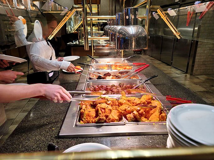 The buffet line stretches toward infinity, where skilled servers stand ready to carve your selection with the precision of diamond cutters.