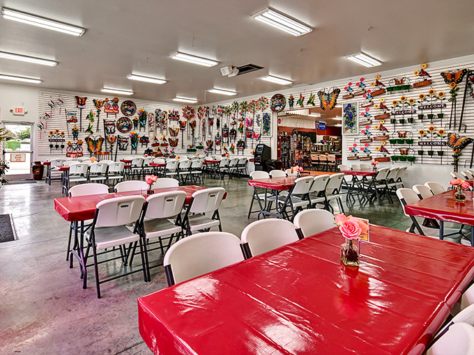 The café area's vibrant red tables and butterfly-adorned walls create the perfect pit stop. Shopping is hungry work, after all.