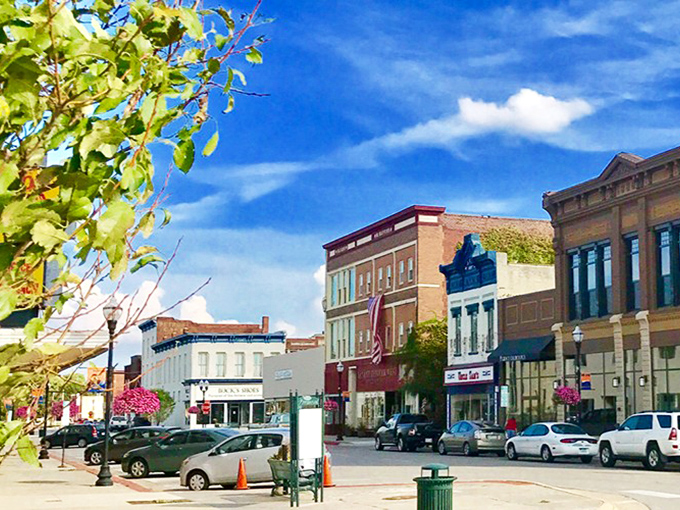 Downtown Fremont blooms with hanging baskets and affordable shopping options—proof that small-town beauty doesn't require big-city prices.