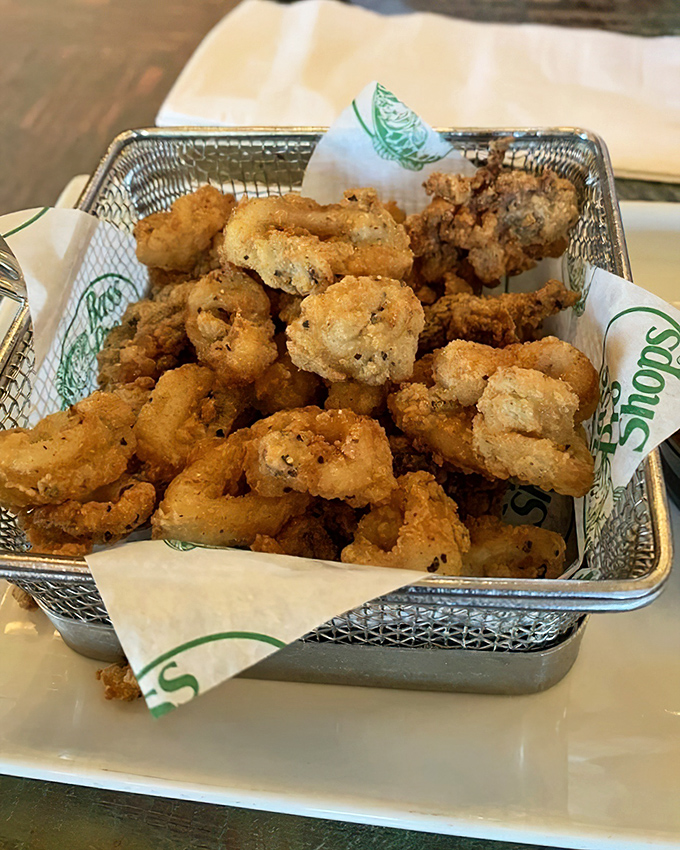 Crispy golden nuggets of the sea, fried to perfection. Like ocean treasures in a metal treasure chest, minus the centuries underwater.