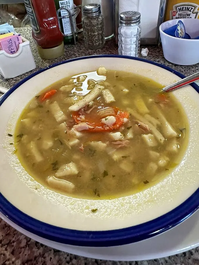 This isn't just soup—it's liquid comfort in a bowl. Chunks of chicken and vegetables swimming in broth that tastes like someone's grandmother spent all day making it.