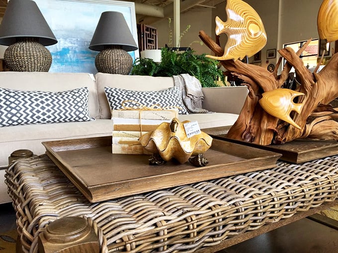 Coastal elegance defined: woven textures, natural wood, and those golden shell accents that whisper "yes, you're still in Florida" without shouting it.