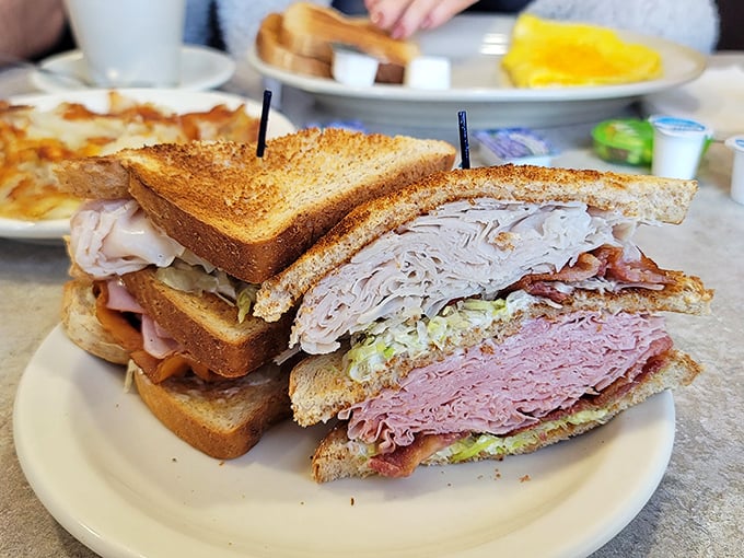 This double-decker sandwich isn't just lunch—it's architecture. Three perfectly toasted slices creating a skyscraper of satisfaction.
