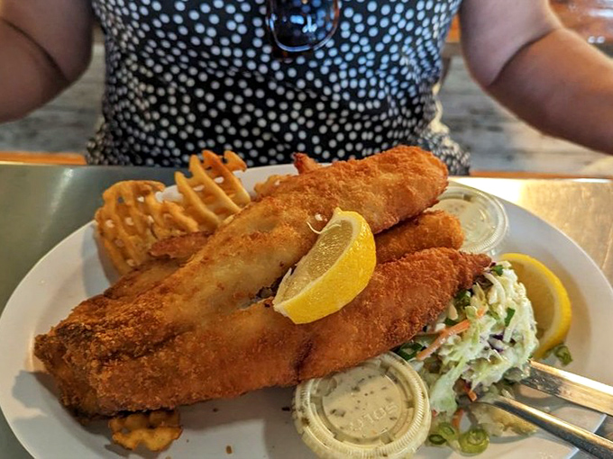 The star of the show – perfectly golden fish with a crisp exterior giving way to flaky white fish that would make a British pub proud.
