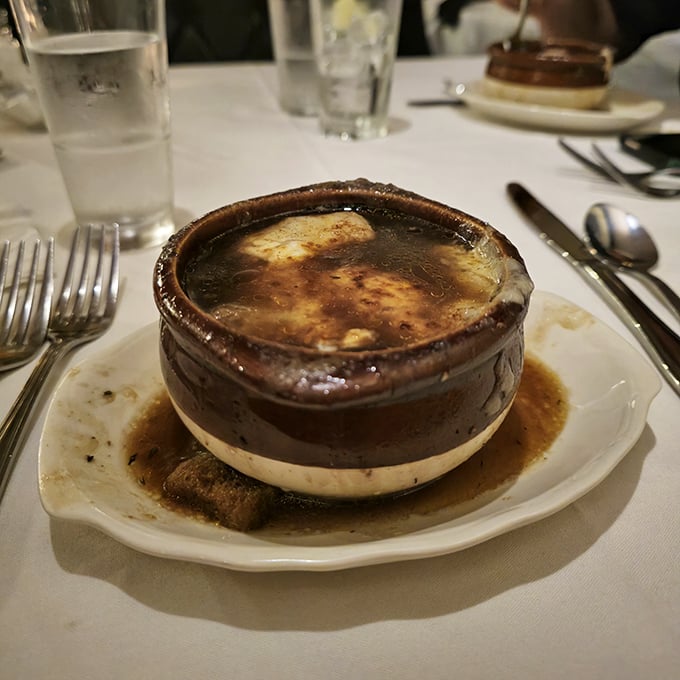 French onion soup that doesn't just warm your body but your soul—that cheese pull could win Olympic medals in Wisconsin.