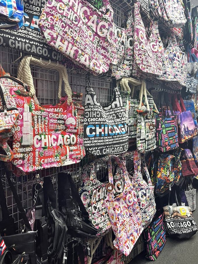 Tote bags screaming "CHICAGO" louder than a Cubs fan after a home run – perfect for tourists and locals alike.