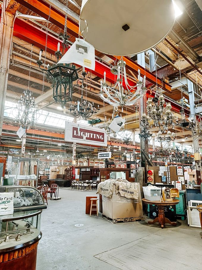 Chandelier heaven or lighting purgatory? Either way, this forest of hanging fixtures transforms the industrial space into an upside-down ballroom for the indecisive decorator.