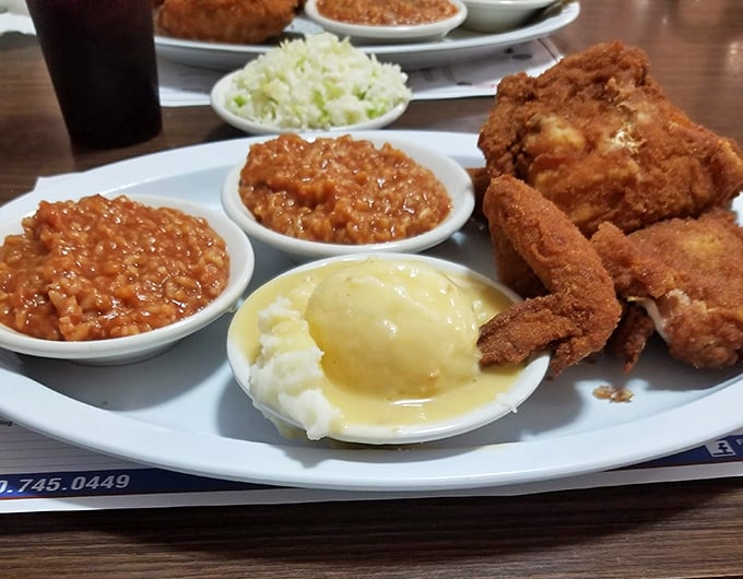 Mashed potatoes topped with gravy—the perfect canvas for soaking up every last bit of that distinctive Barberton chicken flavor.