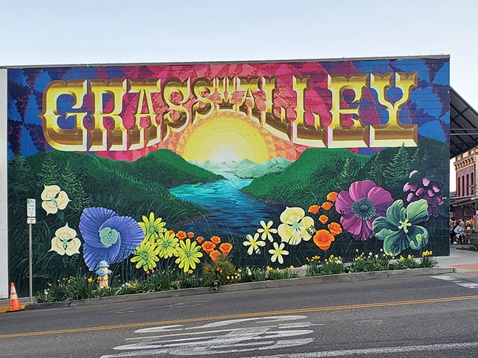 This vibrant mural captures Grass Valley's spirit—where natural beauty, artistic expression, and small-town pride create a colorful community canvas.