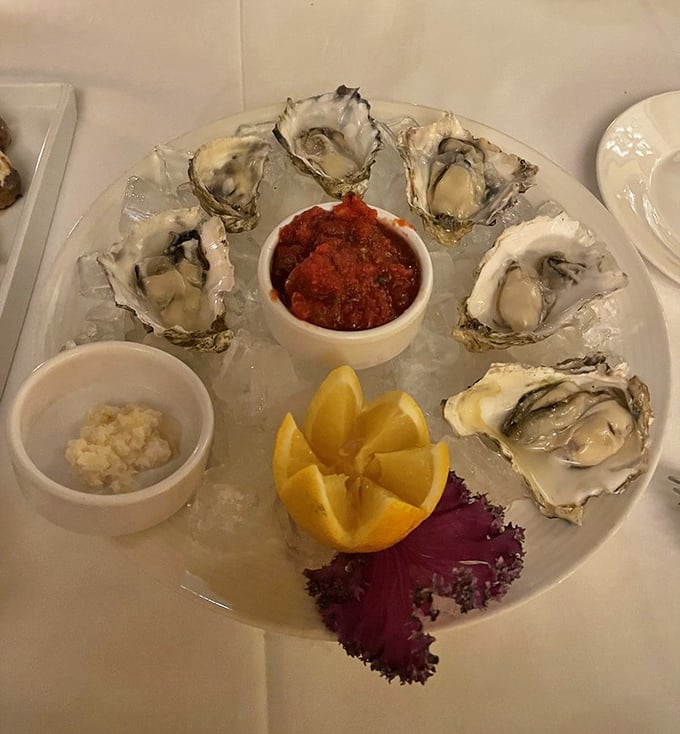 Fresh oysters on ice—nature's perfect appetizer. Like getting a briny kiss from the ocean while the lemon stands by, ready to brighten the affair.