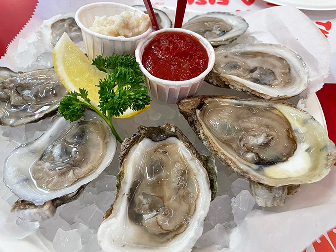 Fresh oysters on ice – nature's perfect appetizer. These briny treasures need nothing more than a squeeze of lemon and perhaps a silent thank you to the sea.