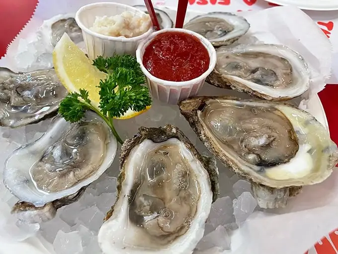 Fresh oysters on ice – nature's perfect appetizer. These briny treasures need nothing more than a squeeze of lemon and perhaps a silent thank you to the sea.