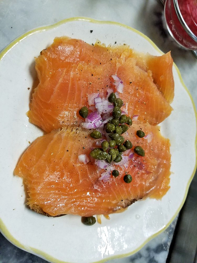 Smoked salmon that would make a bagel weep with joy—adorned with nothing more than capers and red onion, as nature intended.