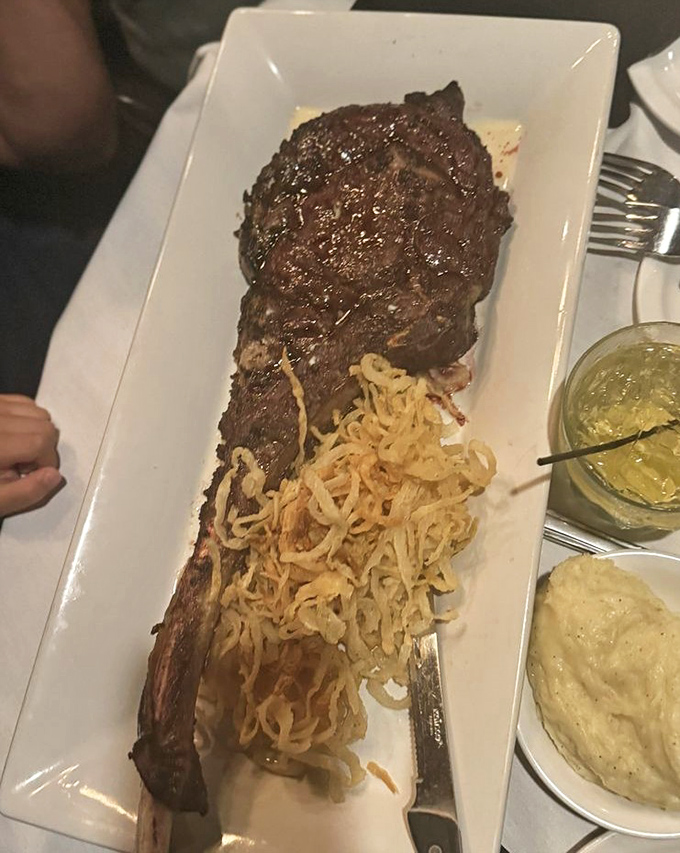 This isn't just a steak—it's a monument to carnivorous pleasure. The char marks tell stories that vegetarians will never understand.