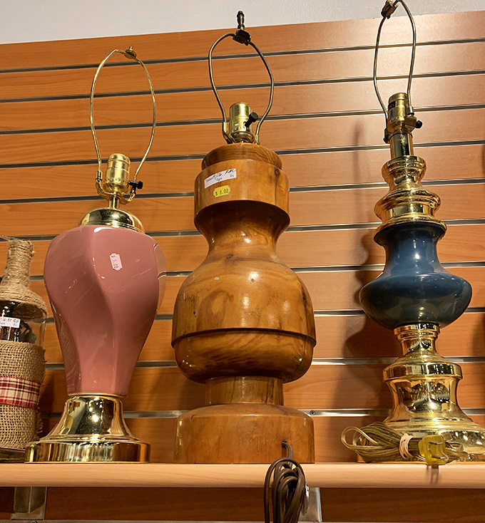 Lamp shopping at Blue Mountain is like speed dating with lighting fixtures from every decade. That wooden one is definitely a 70s heartthrob.