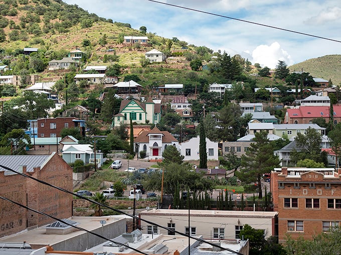 Bisbee's colorful homes cascade down the hillside like a box of crayons spilled across the Mule Mountains.