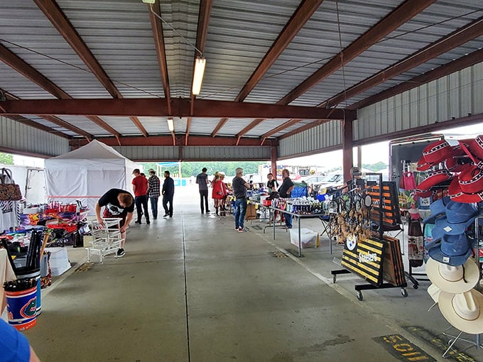 Caesar Creek's covered shelter area—where serious bargain hunters gather with wagons in tow, ready for the thrill of the find.