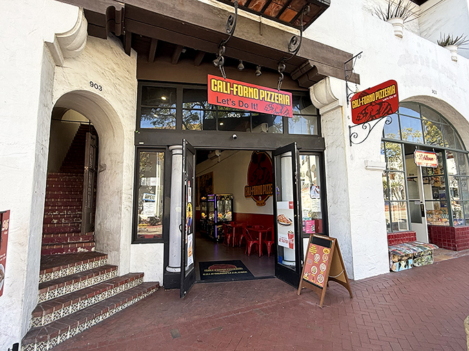 Cali-Forno Pizzeria's Spanish-style architecture blends perfectly into Santa Barbara's aesthetic. Pizza with a side of coastal charm.