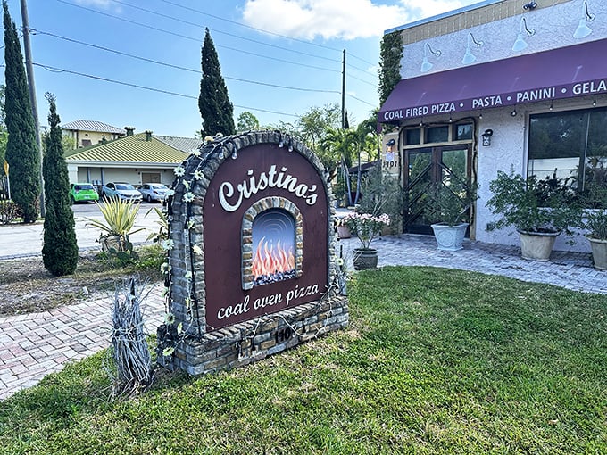 Cristino's stone oven sign isn't just decoration – it's a promise of coal-fired perfection waiting inside this Clearwater gem.