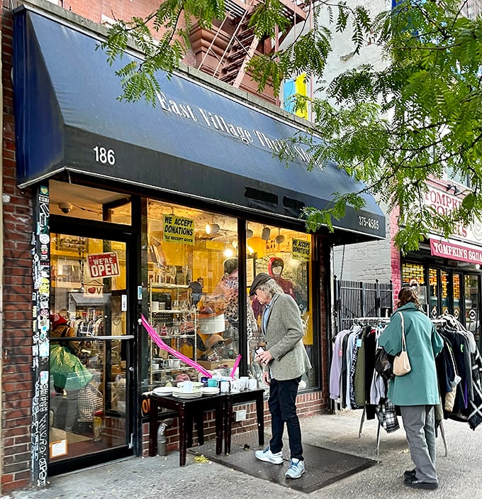 East Village Thrift's sidewalk displays tempt treasure hunters with a preview of vintage delights inside.