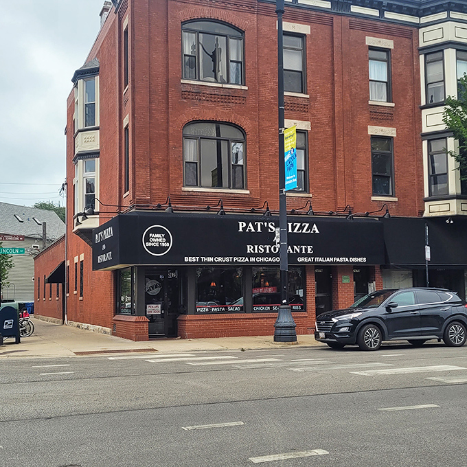 Pat's corner location in Chicago screams "neighborhood institution" where locals have been getting their thin-crust fix for generations.