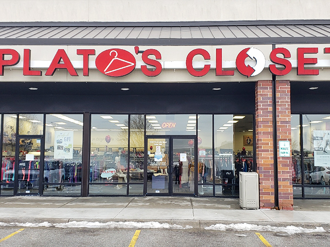 Plato's Closet's bold red signage promises fashion without the sticker shock. Philosophy students approve of these affordable ethics!