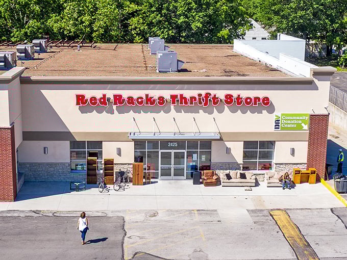 This Red Racks location boasts a modern storefront with merchandise spilling outdoors—they simply can't contain the deals!