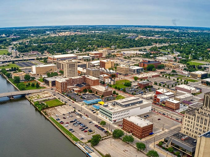 Saginaw's downtown aerial view: "Rivers of savings flow through Saginaw, where your Social Security check commands respect and buys comfort."