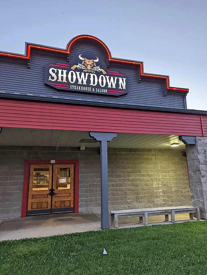 Showdown's Western-style entrance sets the mood before you've even seen a menu. That bull means business—delicious business.