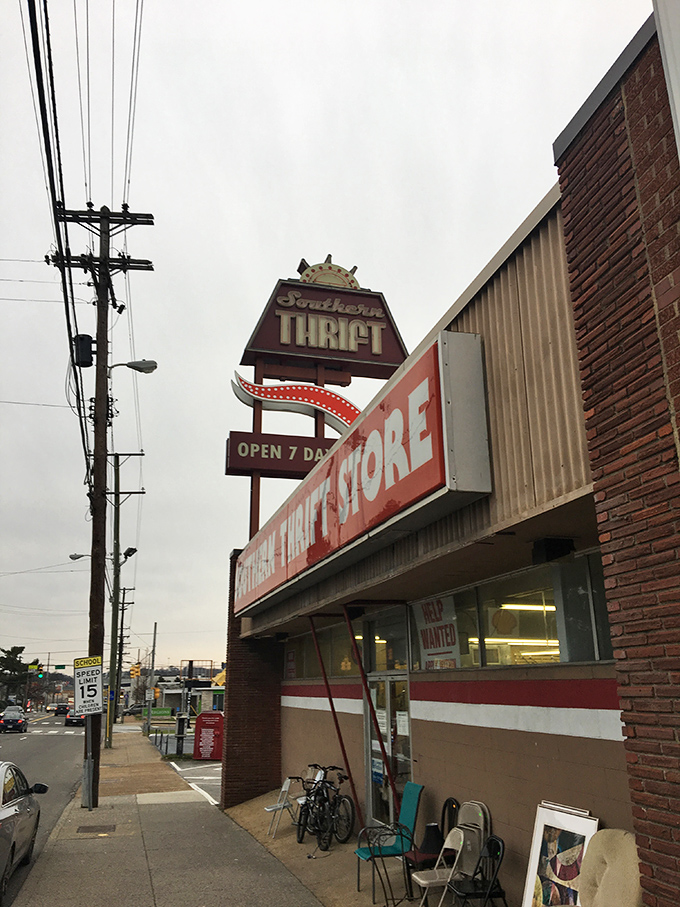 That retro sign has guided bargain hunters to Southern Thrift for decades – a Nashville landmark of deals.