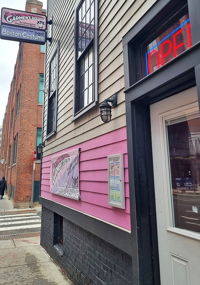 The Garment District's pink facade stands out like a fashionable rebel in Cambridge's brick landscape.