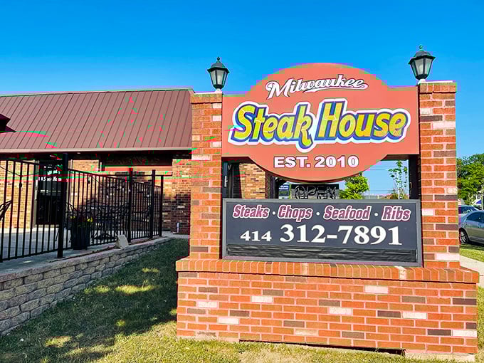 Milwaukee Steakhouse announces itself with confidence. That sign isn't compensating – they really do deliver on the promise.