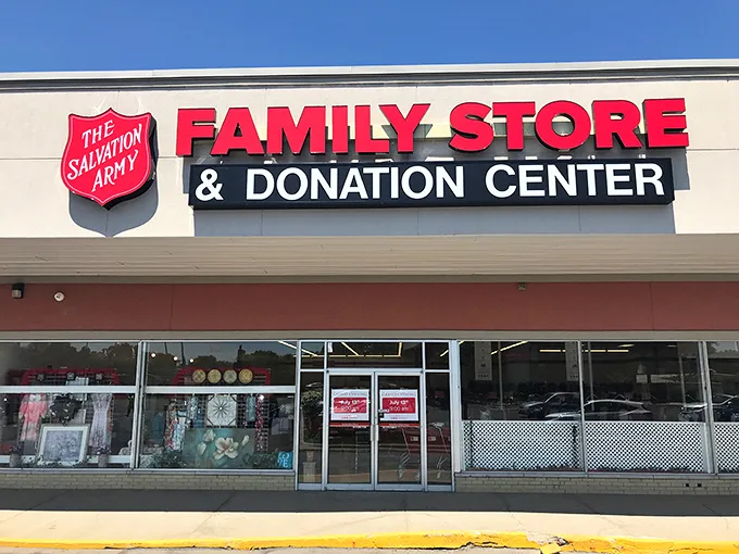 The Salvation Army's bold red signage promises not just deals, but the warm fuzzy feeling of shopping that helps your community.