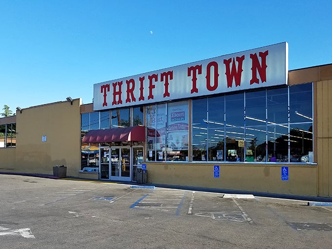 Thrift Town's bold red lettering announces itself with the confidence of a store that knows it has what you're looking for.