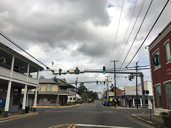 Traffic lights watch over Breaux Bridge's quiet streets. Even the stoplights seem to move at a more relaxed pace here.