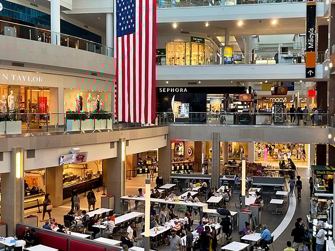 The multi-level marvel of Pentagon City, where that massive American flag reminds you this is shopping with patriotic purpose. The food court below beckons tired feet.